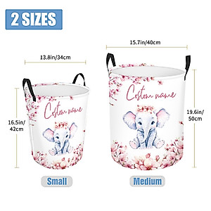 Rucekia Custom Name Laundry Hamper Kids with Elephant Print, Personalized Laundry Basket for Nursery Girl, Customize Baby Name Laundry Baskets for Boys Girls Adults 2 Sizes