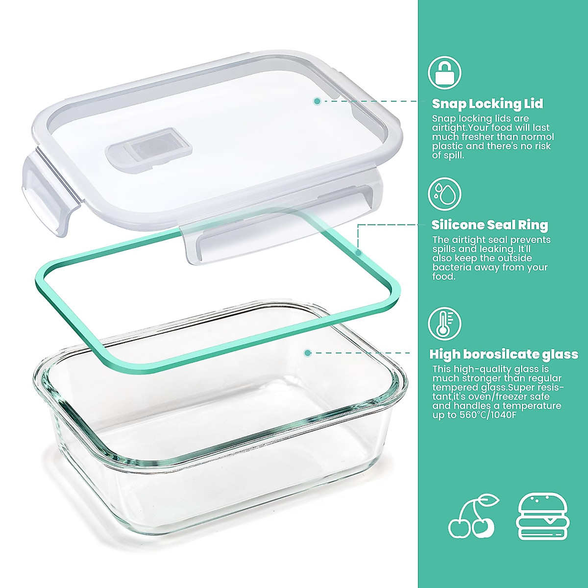 AISOON 18-Piece Glass Food Storage Containers with Lids, Meal Prep Containers,Leak Proof, Dishwasher Safe Glass Food,Oven/Microwave/Freezer Safe((9 Lids & 9 Containers)