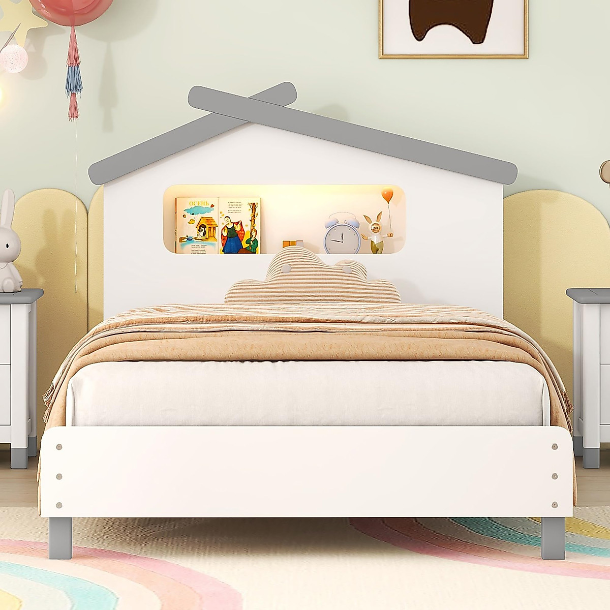 Bellemave Twin Size Platform Bed with House-Shaped Headboard and Motion Activated Night Lights,Wood Twin Kids Bed Frame for Teens, Girls,Boys(Twin,White)