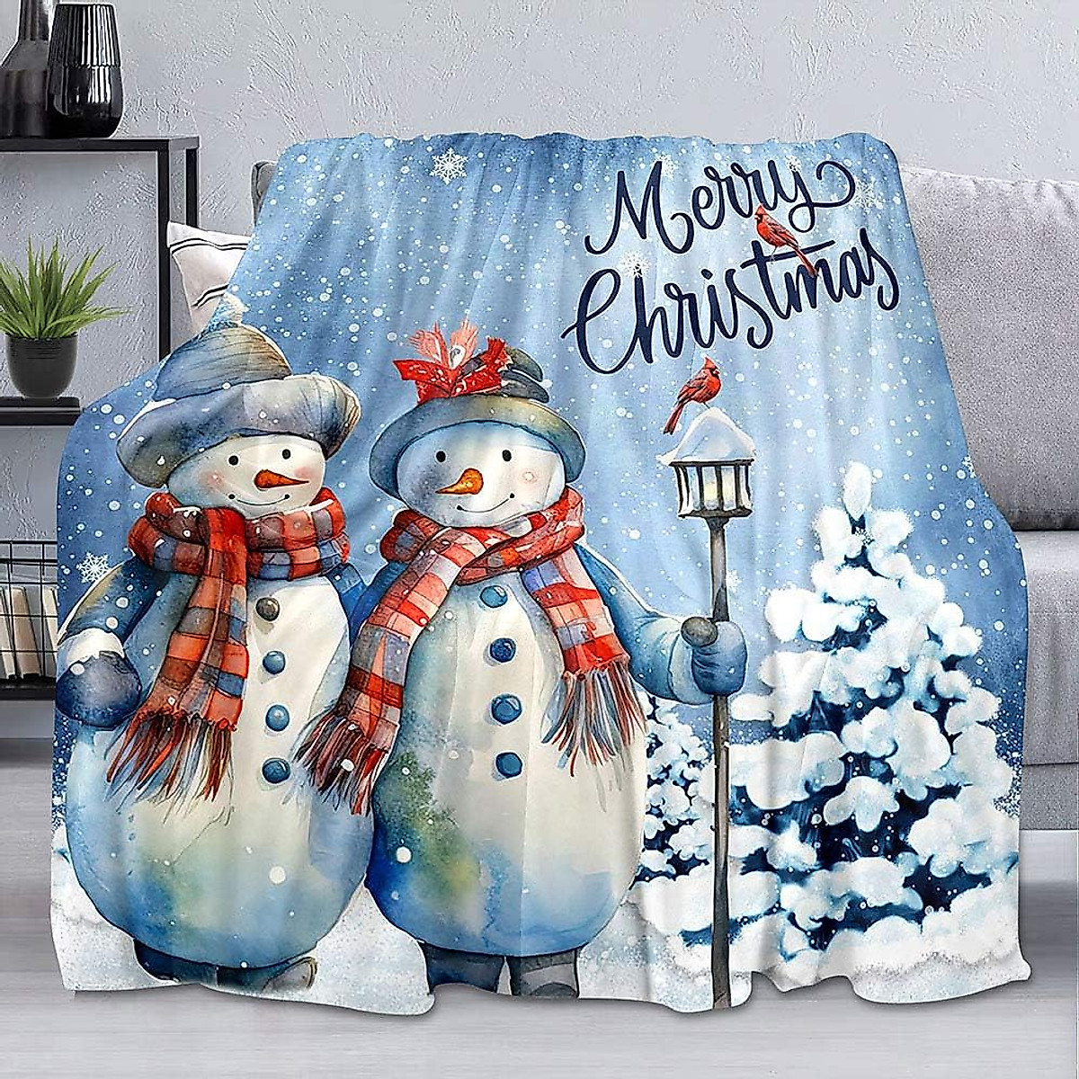 LUVIVIHOME Cute Snowman Throw Blanket, Blue Blanket, Kids Blanket, Red Cardinal Birds Winter Holiday Christmas Blanket, Cozy Warm Lightweight Soft Fuzzy Flannel Fleece Blanket for Couch, Sofa, 30"x40"