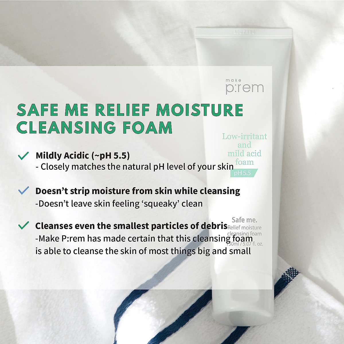 MAKEPREM Safe Me Relief Moisture Cleansing Foam, 5 Oz - Hydrating, Gentle, Non-Stripping, pH 5.5, Sub-Acidic, Age-Defying, Chemical-Free