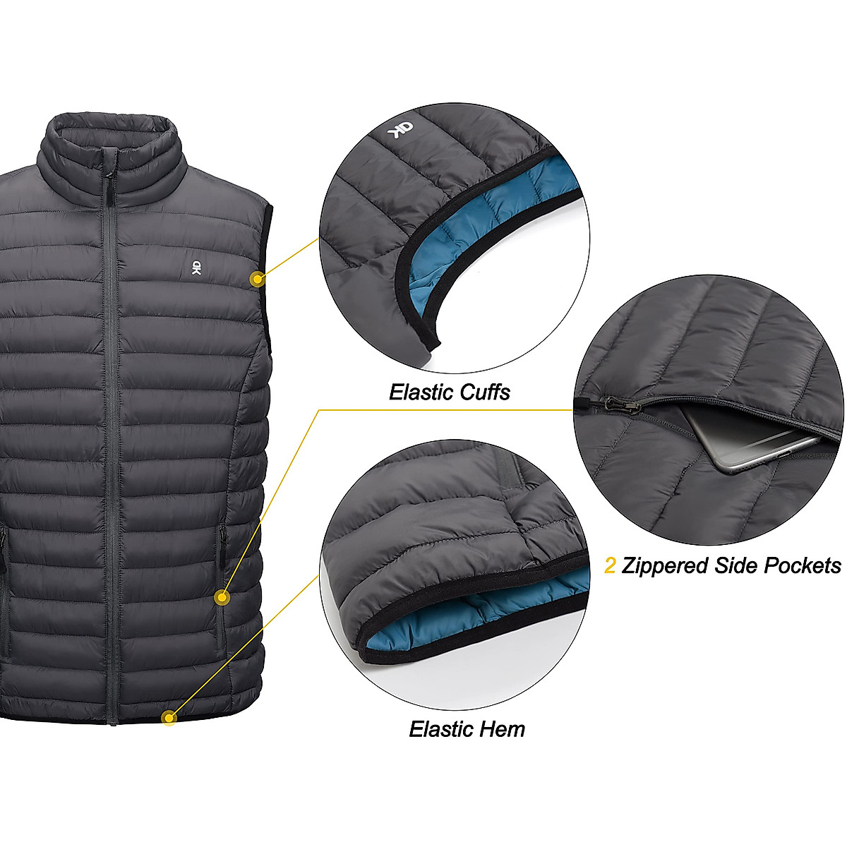 Little Donkey Andy Men's Lightweight Warm Puffer Vest Outdoor Sleeveless Jacket for Golf Hiking Casual Travel Steel Gray M