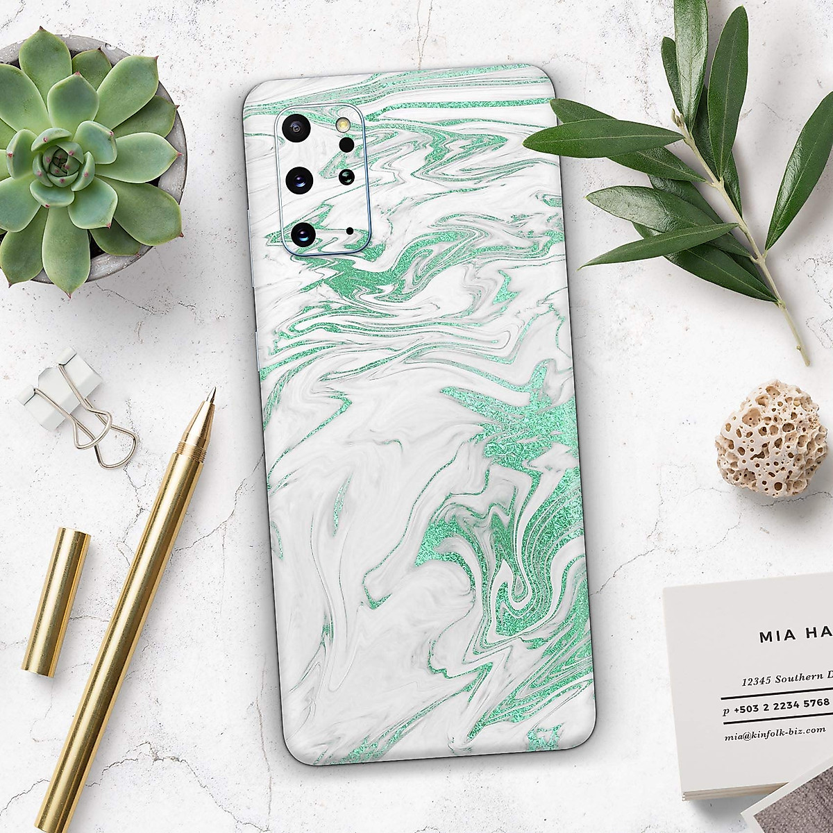 DesignSkinz Mint Marble & Digital Gold Foil V8 Protective Vinyl Decal Wrap Skin Cover Compatible with The Samsung Galaxy S20 (Screen Trim & Back Glass Skin)