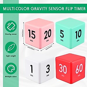 Cube Timer 4 Pieces Gravity Sensor Flip Timer Kids Timer Digital Cube Workout Timer Kitchen Timer for Time Management Home Study, 1 3 5 10 Minutes and 15 20 30 60 Minutes (White, Red, Pink, Green)