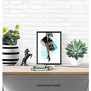 Light Blue Fashion Designer Wall Art - Black Woman, African American Women, Teens, Girls Bedroom - High Fashion Design Wall Decor - Glam Gifts for Latina, African American Woman - Black Culture