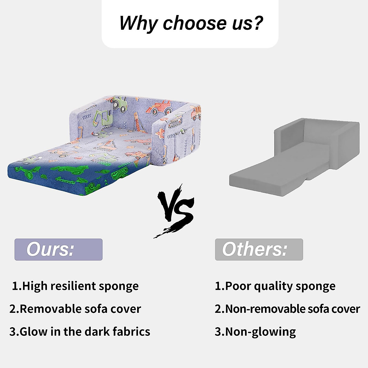 Tiita Kids Sofa Chair, 2 in 1 Toddler Fold Out Couch, Comfy Kids Sofa for Playroom-Extra Soft 2 Seats, Glow in The Dark Children Couch to Lounger for Girls Boys, Vehicles