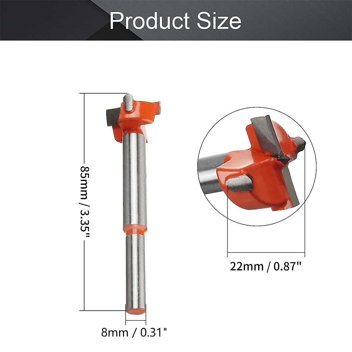 Utoolmart Forstner Drill Bits, 22mm Cemented Carbide Wood Cutter Tool, Round Shank Woodworking Hole Saw Cutter, 85mm Length Woodworking Hole Boring Bit, Orange