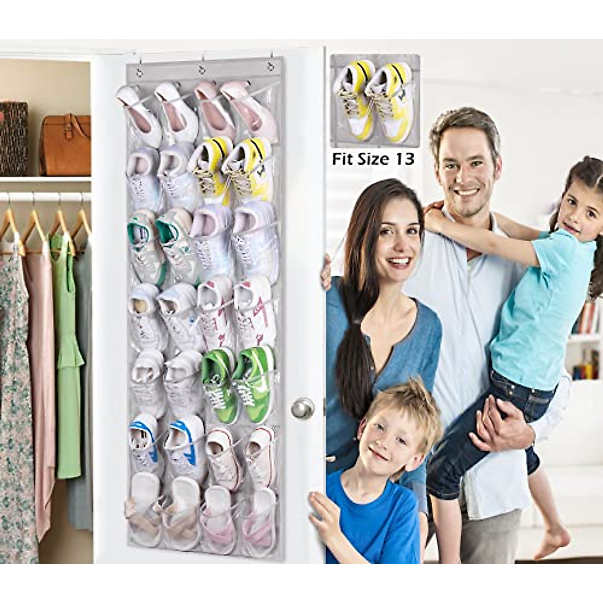 AOODA 28 Large Pockets Hanging Shoe Organizer, Large 28 Pockets Clear Over The Door Shoe Rack, 2 Item Bundle