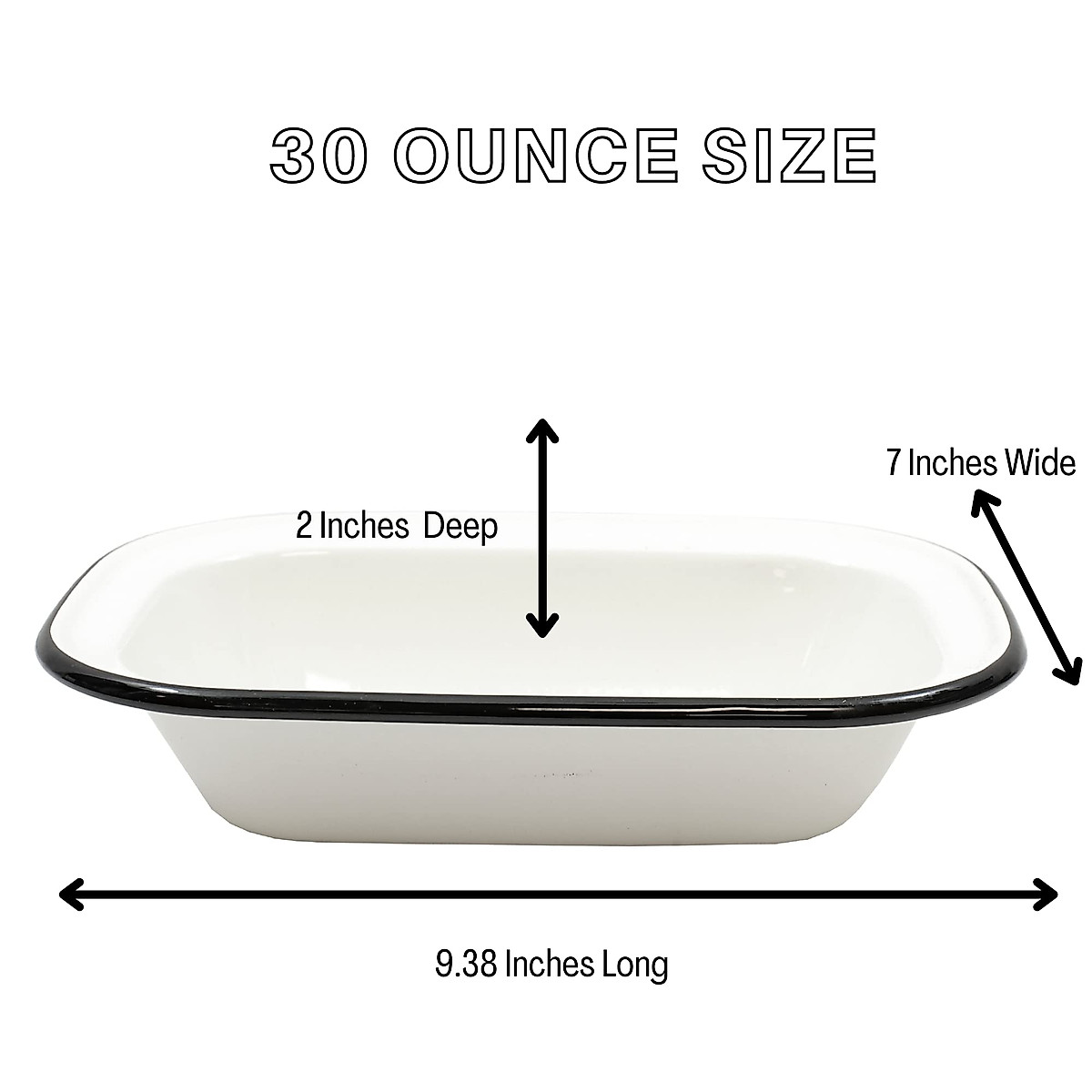 Tablecraft Enamelware Collection Black Rim Solid White Enamel Rectangular Bread Baking Pan, Farmhouse, Home Kitchen & Restaurant Use Porcelain Over Steel, Vintage, Boho, Retro, 9.5x7x2 Deep