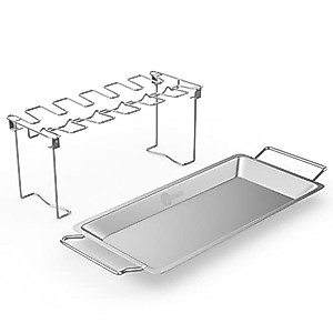 Cave Tools Chicken Wing & Leg Rack for Barbecue Grill Smoker or Oven - Stainless Steel Vertical Roaster Stand & Drip Pan/Grill Grease Tray for Cooking Vegetables in BBQ Juices - Dishwasher Safe