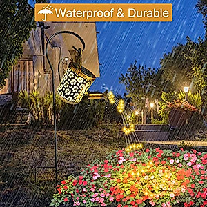 Solar Watering Can Lights Outdoor, Fairy Garden Lights, Hanging Solar Lights Metal Waterproof for Table, Patio, Yard Pathway, Outdoor Decorations with Hollow-Out Flower Design (with Hook and Stand)