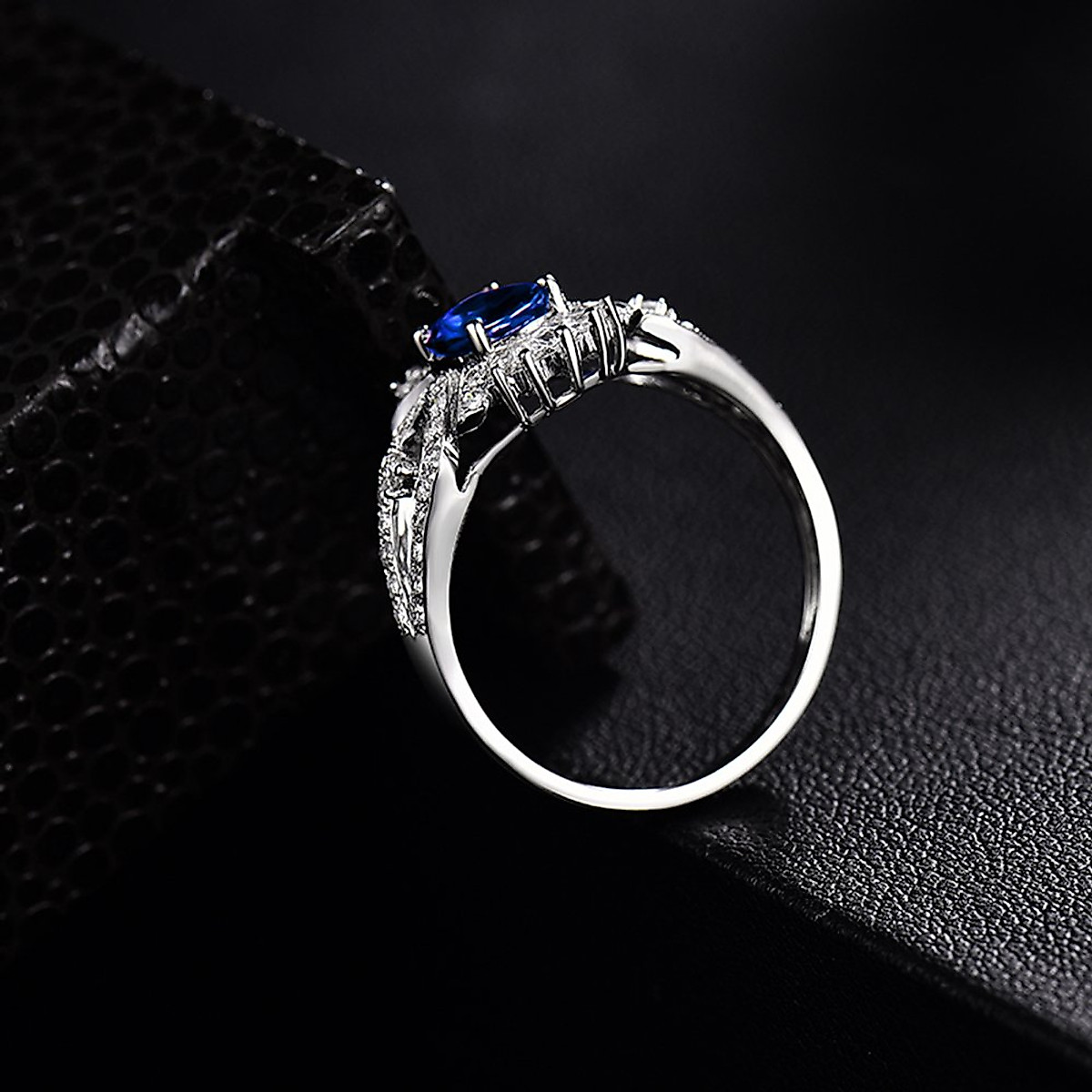 Lanmi 14K White Gold Natural Blue Sapphire Diamonds Ring Engagement Wedding Band for Women