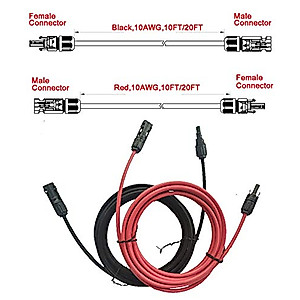 Slocable Solar Panel Extension Cable - 10ft 10awg Solar Cable with IP68 Solar Female and Male PV Cable Connectors (10ft Red + 10ft Black)