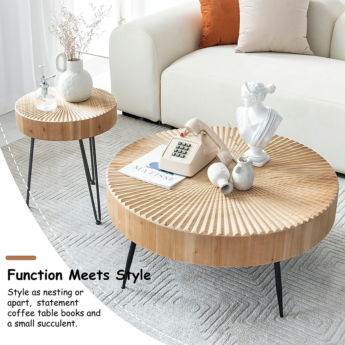 COZAYH 2-Piece Modern Farmhouse Living Room Coffee Table Set, Nesting Table Round Natural Finish with Handcrafted Wood Radial Pattern