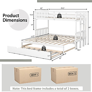 KOTEK Pull-Out Bunk Bed with Trundle, Twin Over Full, Twin Over 2 Twins Bunk Bed with Ladder & Safety Rails Accommodate 4 People, Detachable Solid Wood Bunk Bed for Kids, Adults (White)