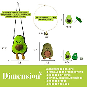 FABMODE 5PCS Avocado Bag Gift Set Plush Crossbody Shoulder Bag Cute Cartoon Avocado Messenger Fruit Purse Avocado Gifts for Women with Adjustable Strap Avocado Necklace Earrings Brooch Pin