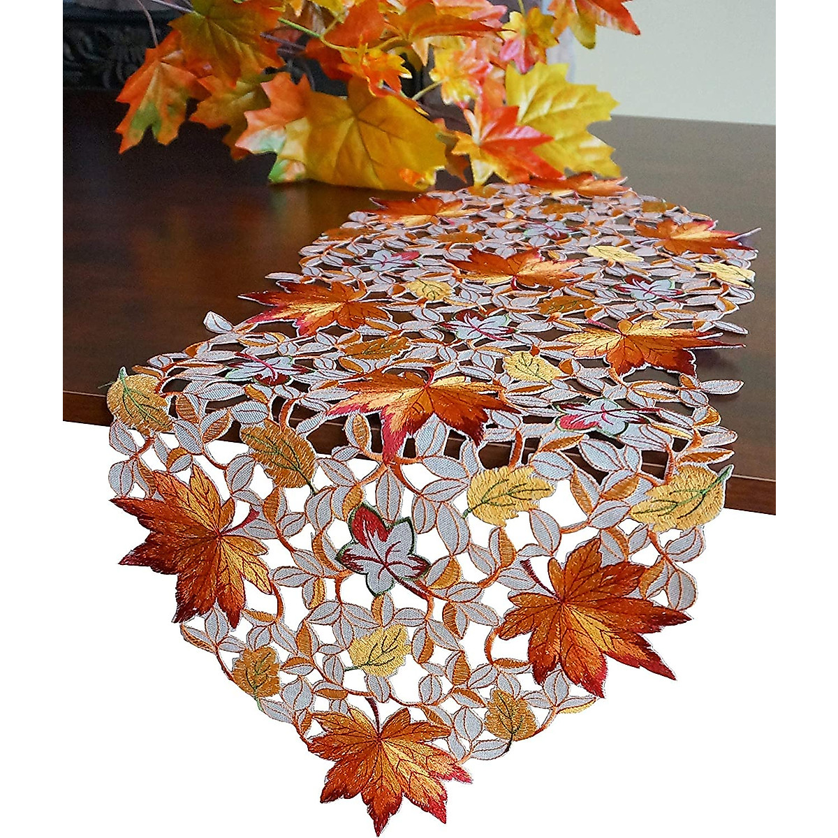 GRANDDECO Thanksgiving Harvest Table Runner Embroidered Cutwork Maple Leaves Dresser Scarf Table Cover Autumn Or Fall Decorations (Table Runner 13"x34")