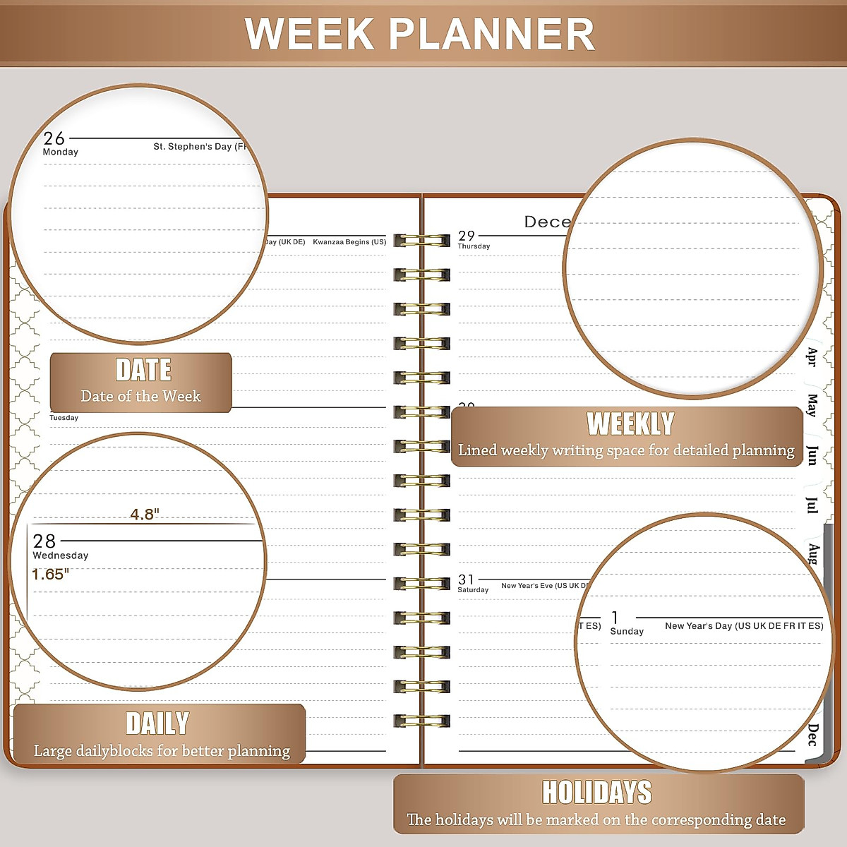 Planner 2024 - Planner/Calendar 2024, Jan.2024 - Dec.2024, 2024 Planner Weekly & Monthly with Tabs, 6.3" x 8.4", Hardcover + Back Pocket + Twin-Wire Binding, Daily Organizer - Mystic Black