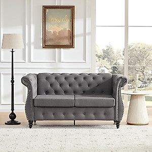 Tbfit Chesterfield 2 Piece Living Room Sectional Sofa Set with Rolled Arms, Classic Button Tufted Sofa with Nailhead Trim, Upholstered Chesterfield Couch with Gourd Wooden Legs, Bedroom, Grey