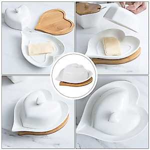 Cabilock Heart Shaped Ceramic Butter Dish with Lid and Bamboo Tray Butter Keeper Container White Food Storage for West East Butter for Home Use