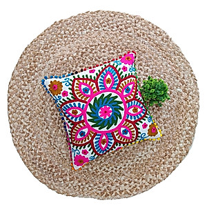 Trade Star 100% Cotton Embroidered Pillow Cover Beautiful Pom Pom Pillow Cover Fall Decor Cushion Cover Decorative Hand Design 16x16 Inches Modern Sofa Throw Pillow Cover for Home Decor