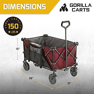 Gorilla Carts 7 Cubic Feet Collapsible Folding Outdoor Utility Sports Beach Wagon, with 150 Pound Capacity, Oversized Bed, & Cup Holder, Red