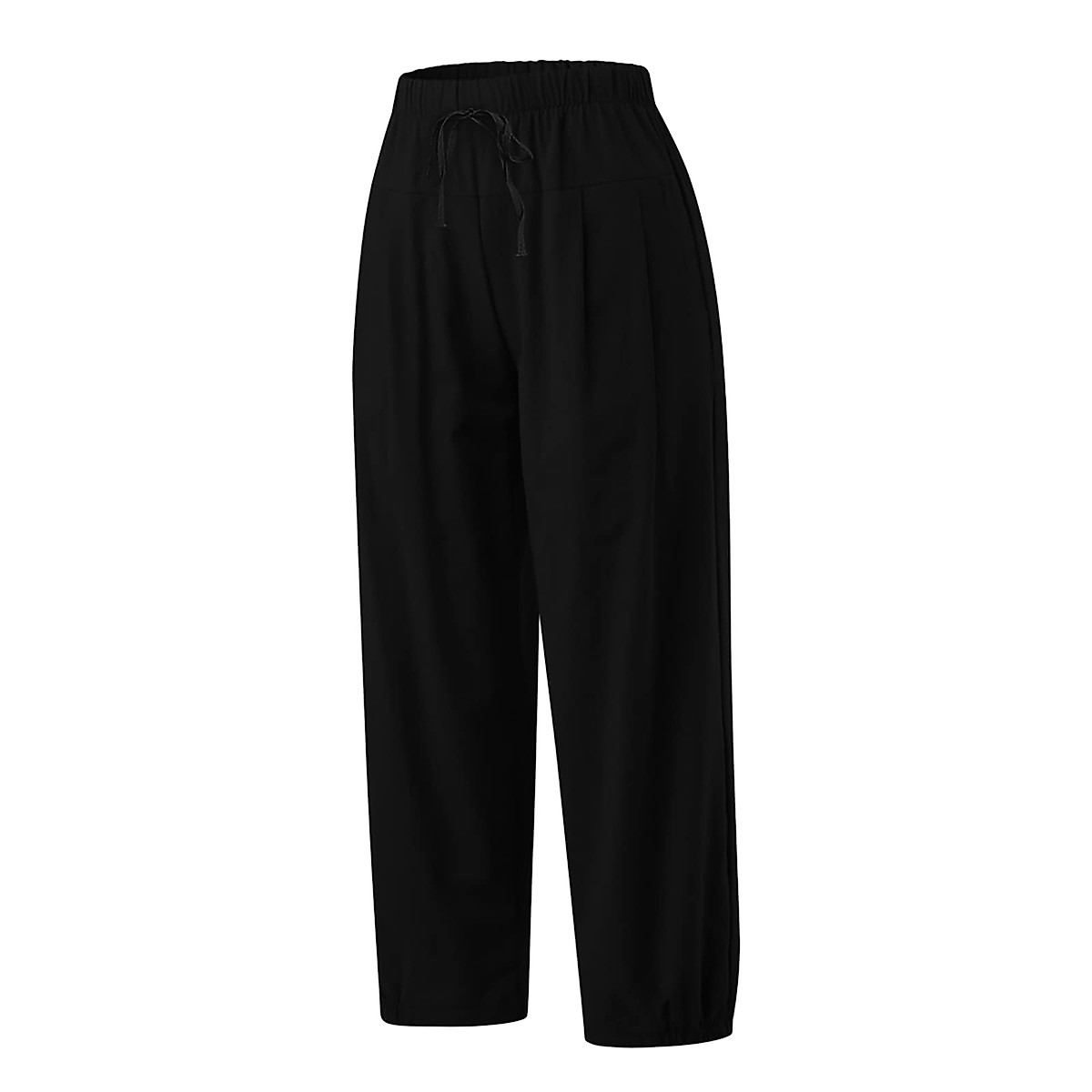 TBA Women's Casual Pants Summer Wide Leg Capris Drawstring Elastic High Waist Cotton Cropped Trousers with Pockets Black
