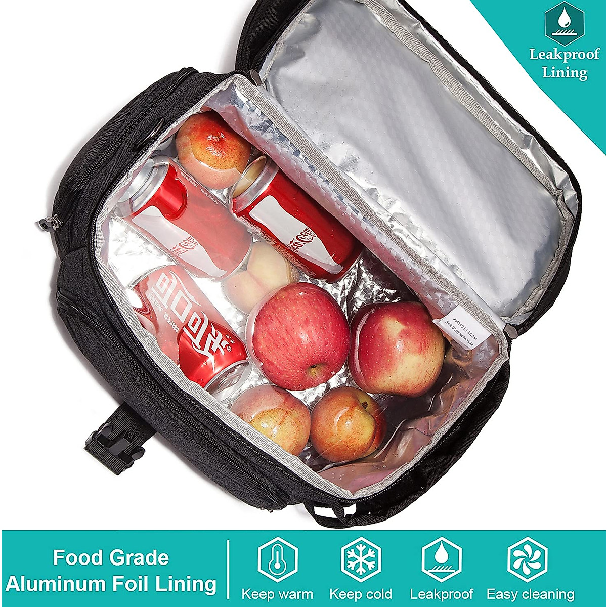 Scorlia Insulated Lunch Bag for Men/Women, Leakproof Lunch Box for Office Work Picnic Hiking Beach, Reusable Cooler Tote Bag with Adjustable Shoulder Strap and Large Water Bottle Holder - Black