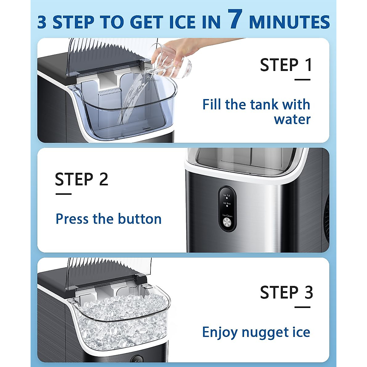 Joy Pebble Stainless Steel Ice Maker Countertop, 10,000pcs/33lbs/Day, Portable Nugget Ice Maker Machine with Handle, Self-Cleaning, Black