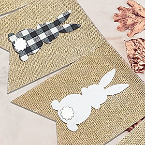 Doumeny Easter Plaid Burlap Banner Buffalo Check Rabbit Bunny Banner Jute White Rabbit Bunting Garland Happy Easter Banner Garland Spring Easter Party Banner for Mantle Fireplace Wall Door Party Decor