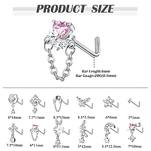 THUNARAZ 12Pcs 20G Dangle Nose Rings Studs L Shaped for Women Stainless Steel Nose Studs Cross CZ Butterfly Heart Flower Dangling Nose Piercing Jewelry