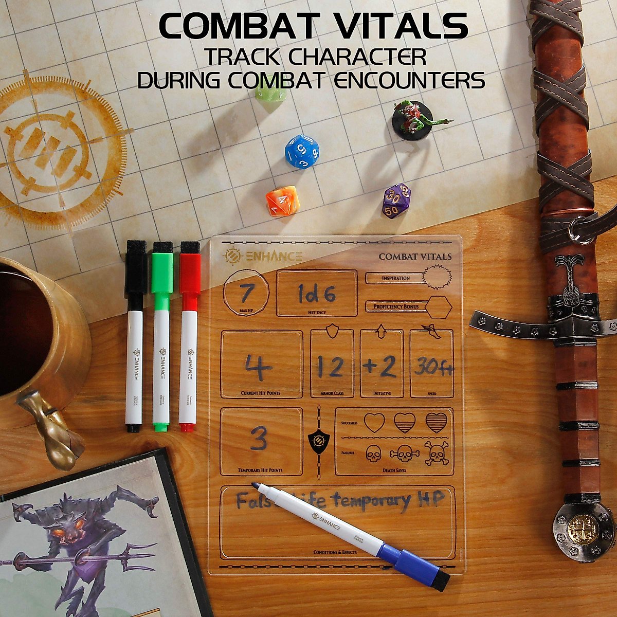 ENHANCE Tabletop Acrylic Character Sheet Set - Reusable 5e Dungeons and Dragons Character Sheets (Combat, Spell, Equipment) for All DND 5e Classes - Includes 3 Pages, Dry Erase Markers, Travel Pouch