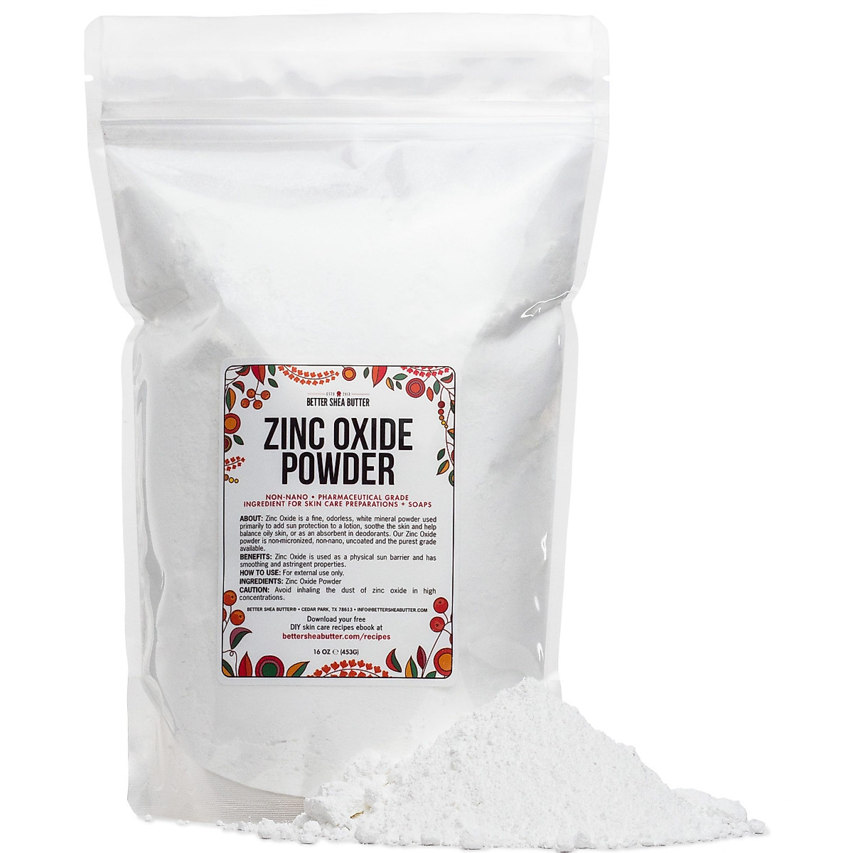 Zinc Oxide Powder | Uncoated, Non Nano Zinc Oxide | Pure, Pharmaceutical Grade | Use in Homemade Sunscreen Lotion | Diaper Rash Cream, Deodorant DIY, Zinc Oxide Ointment | 1 LB by Better Shea Butter