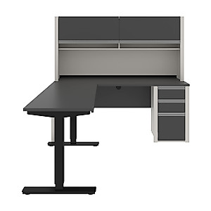 BESTAR Connexion L-Shaped Standing Desk with Pedestal and Hutch, 72W, Slate/Sandstone