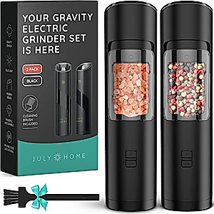 JULY HOME Gravity Electric Salt and Pepper Grinder Set, 2 Pack, Battery Operated, Adjustable Coarseness, One Hand Operation Electric Pepper Grinder with LED Light & Cleaning Brush (Packaging may vary)