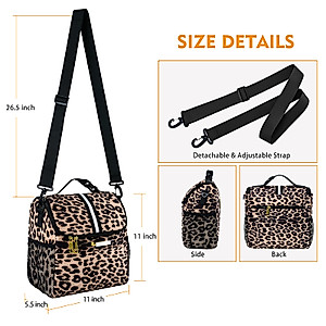 Women Insulated Lunch Bag,Large Lunch Tote Bag with Detachable Shoulder Strap and Buckle Handle Leopard