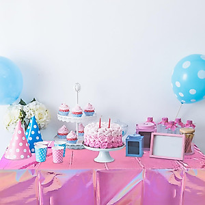 Whaline 6Pcs 108 x 54 Inch Iridescent Pink Plastic Tablecloths Shiny Rainbow Rectangle Disposable Table Covers Holographic Foil Table Cloth for Birthday Wedding Bridal Shower