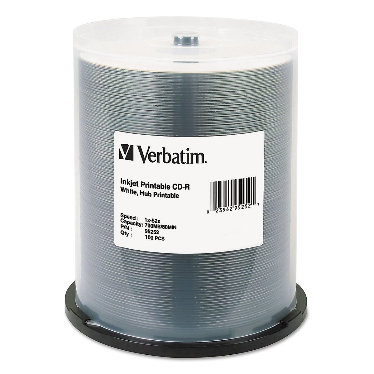 Verbatim 95252 CD-R, 700MB, 52X, White Inkjet Printable, Hub Printable, 100/PK Spindle