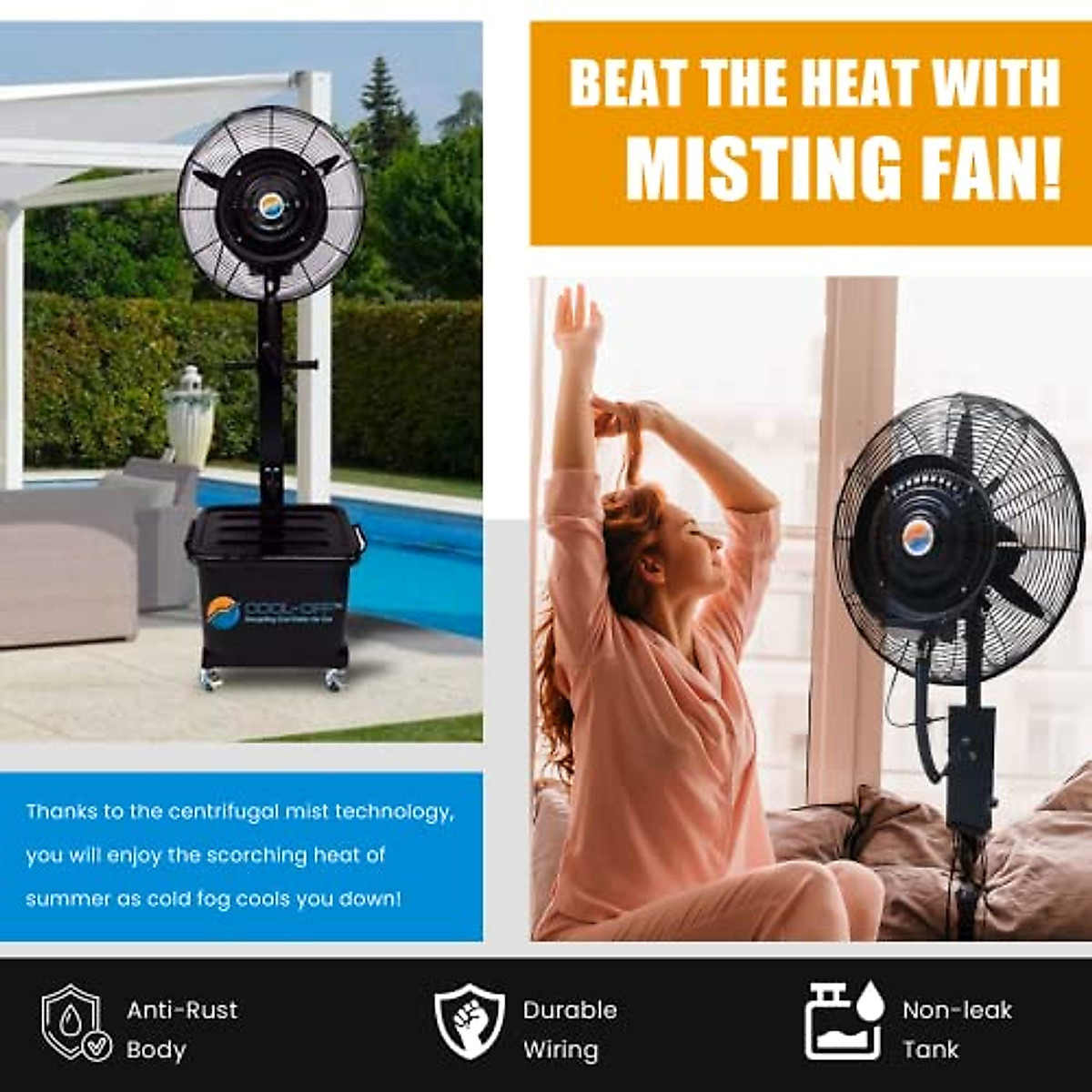 Cool-Off™ 10 Gallon water tank Tropic Breeze Portable Misting Fan with 90 Degree Oscillation (Midnight Black)