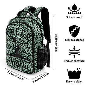 Anneunique Custom Cheerleader Backpack Custom Multifunctional Waterproof Laptop Bag for Travel Gift Leopard Print Green Cheer