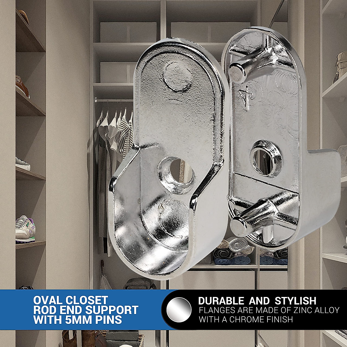 Rok Hardware Chrome 1-3/16" (30 mm) x 19/32" (15mm) Oval Closet Rod End Support with 3/16" (5mm) Pins 30X15X5MMCH (2 Pack)