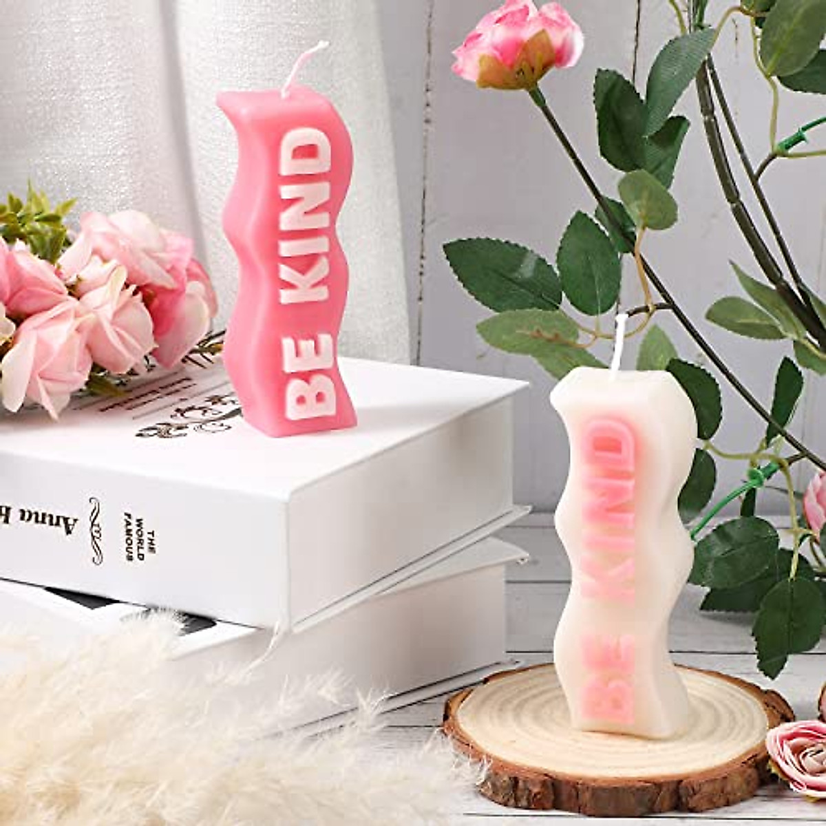 Coume 2 Pieces Aesthetic Shaped Candles Wavy Word Candle Atmosphere Trendy Minimalist Inspirational Soy Wax Geometric Scented Encouragement Gift for Home Christmas Birthday Office (Warm) White,Pink