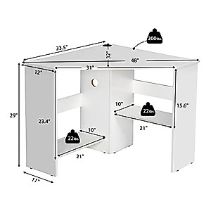 Tangkula White Corner Desk - 90 Degrees Triangle for Computer, Small Space, Bedroom, Makeup Vanity Desk with Storage Shelves & CPU Stand, Space Saving Writing Desk