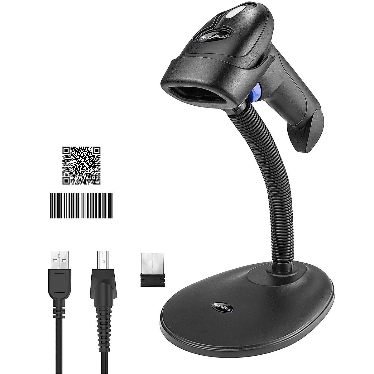 Wireless 1D 2D Barcode Scanner with Stand, NetumScan Portable Automatic QR Code Scanner Supports Screen Scan Handheld CMOS Image Bar Code Reader with USB Receiver for Warehouse POS and Computer