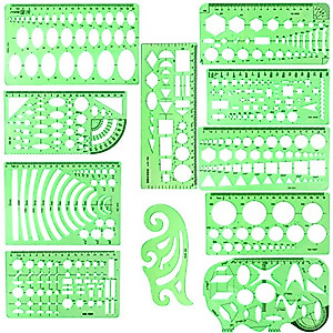 11PCS Geometric Drawings Templates, Drafting Stencils Measuring Tools, BetyBedy Plastic Clear Green Ruler Shapes with a Zipper Bags for Architecture, Office, Studying, Designing and Building