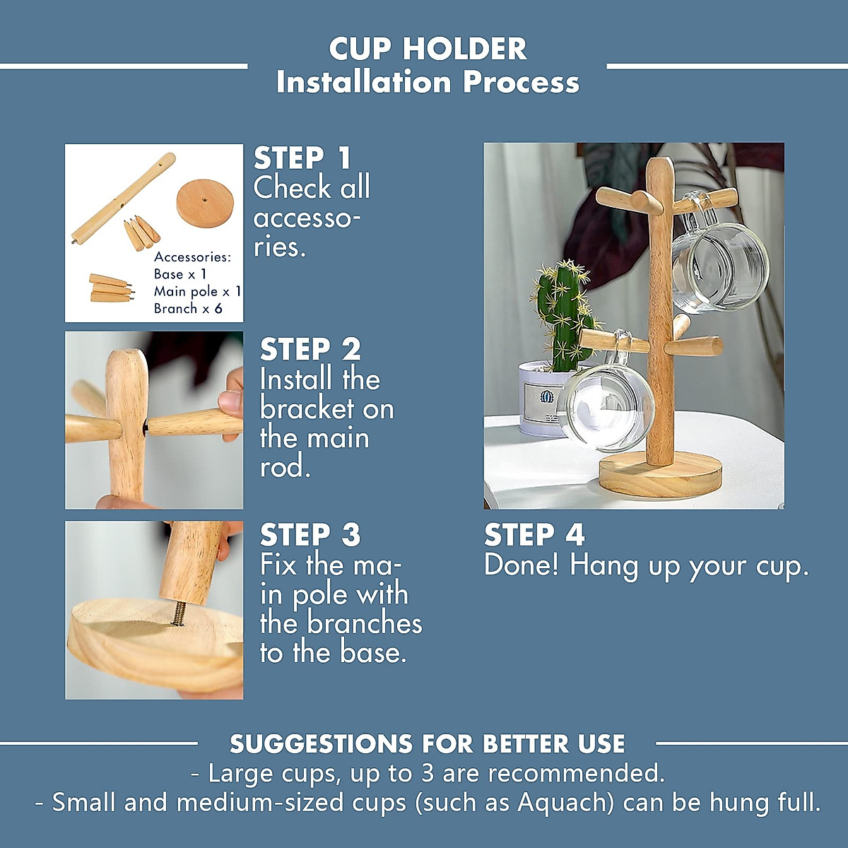 Aquach Coffee Glass Mugs Set of 4, 12 oz, Including Wooden Cup Holder Tree, 6 Hooks