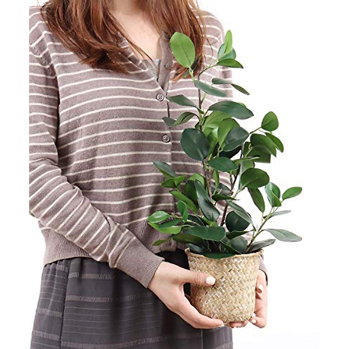 SAROSORA Artificial Ficus Tree Fake Plants in Weaved Pot 20" Height for Living Room Decor Indoor Home Office Ins Style (Green, 1)