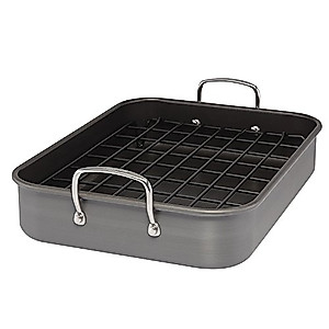 Rachael Ray Brights Hard Anodized Nonstick Roaster / Roasting Pan with Rack - 16 Inch x 12 Inch, Gray