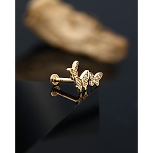 Jewseen 14K Solid Gold Snake Cartilage Earring 16g Flat Back Stud Helix Piercing Jewelry Tragus Earring Conch Stud Titanium Labret Post Lip Ring Nose Stud for Women Men