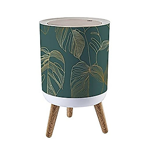 Small Trash Can with Lid Luxury gold and nature green Floral Golden split leaf Philodendron Garbage Bin Wood Waste Bin Press Cover Round Wastebasket for Bathroom Bedroom Kitchen 7L/1.8 Gallon